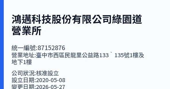 鴻邁科技股份有限公司綠園道營業所的照片-統編 87152876(臺中市) 公司登記資料與營業項目詳細圖表