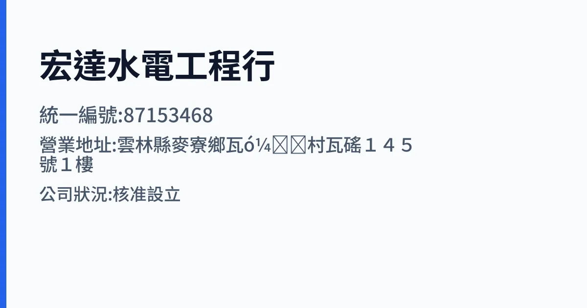 宏達水電工程行 - 統編 87153468(雲林縣) 公司登記資料與營業項目詳細圖表