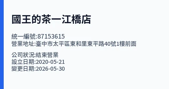 國王的茶一江橋店的照片-統編 87153615(臺中市) 公司登記資料與營業項目詳細圖表