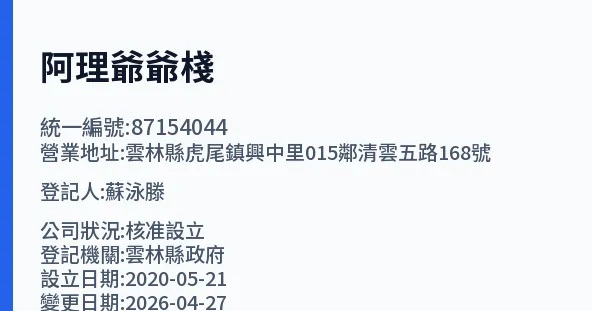 阿理爺爺棧的照片-統編 87154044(雲林縣) 公司登記資料與營業項目詳細圖表
