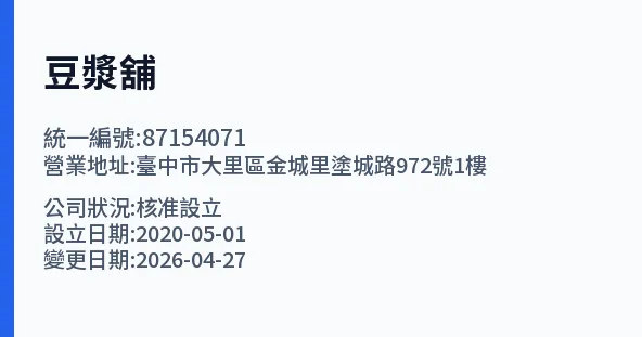 豆漿舖的照片-統編 87154071(臺中市) 公司登記資料與營業項目詳細圖表