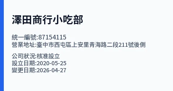 澤田商行小吃部的照片-統編 87154115(臺中市) 公司登記資料與營業項目詳細圖表