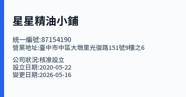 星星精油小鋪的照片-統編 87154190(臺中市) 公司登記資料與營業項目詳細圖表