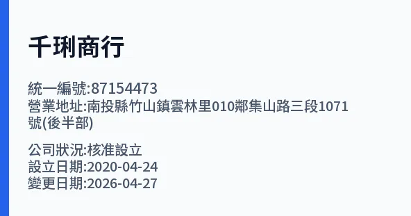 千琍商行的照片-統編 87154473(南投縣) 公司登記資料與營業項目詳細圖表