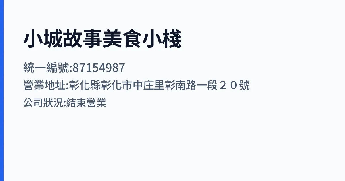 小城故事美食小棧 - 統編 87154987(彰化縣) 公司登記資料與營業項目詳細圖表
