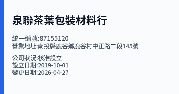泉聯茶葉包裝材料行的照片-統編 87155120(南投縣) 公司登記資料與營業項目詳細圖表