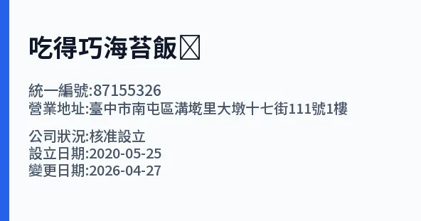 吃得巧海苔飯巻的照片-統編 87155326(臺中市) 公司登記資料與營業項目詳細圖表