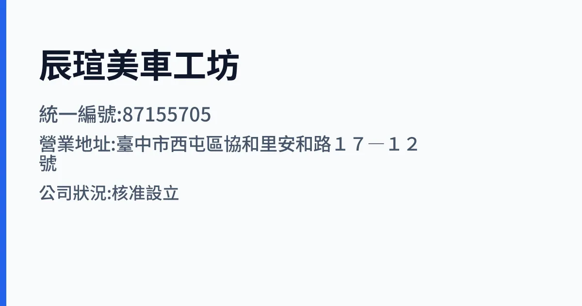 辰瑄美車工坊 - 統編 87155705(臺中市) 公司登記資料與營業項目詳細圖表