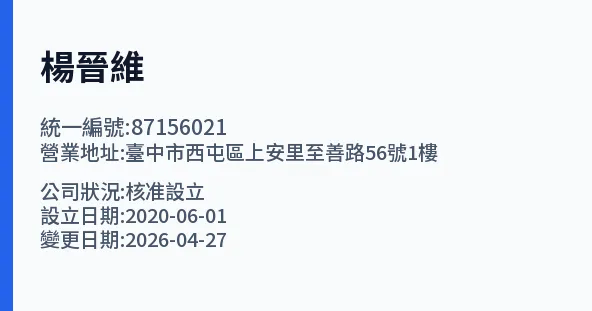 楊晉維的照片-統編 87156021(臺中市) 公司登記資料與營業項目詳細圖表