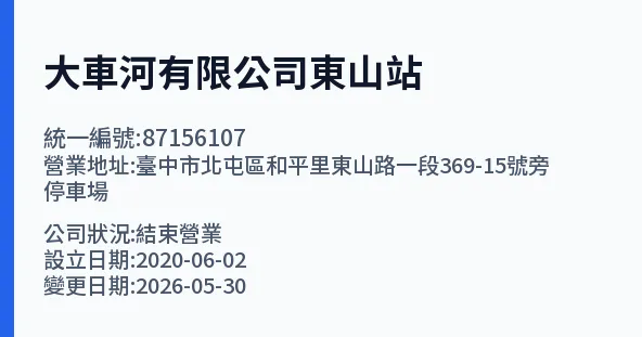 大車河有限公司東山站的照片-統編 87156107(臺中市) 公司登記資料與營業項目詳細圖表