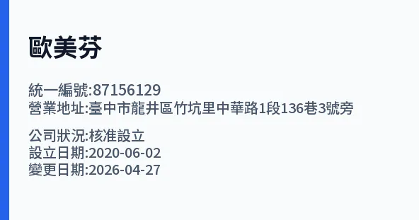 歐美芬的照片-統編 87156129(臺中市) 公司登記資料與營業項目詳細圖表