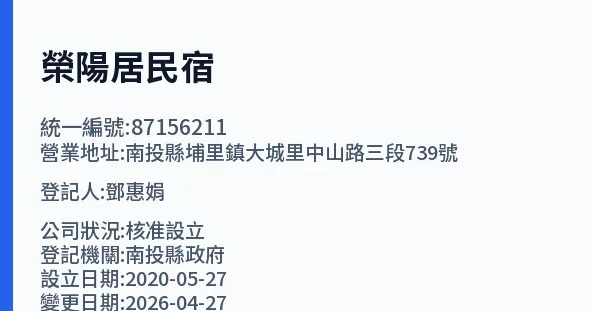 榮陽居民宿的照片-統編 87156211(南投縣) 公司登記資料與營業項目詳細圖表