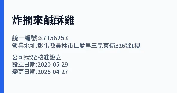 炸擱來鹹酥雞的照片-統編 87156253(彰化縣) 公司登記資料與營業項目詳細圖表