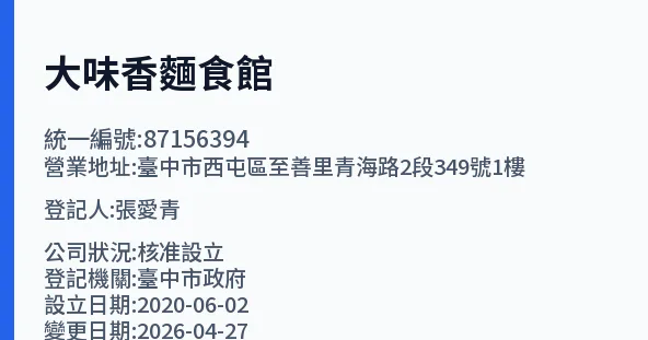 大味香麵食館的照片-統編 87156394(臺中市) 公司登記資料與營業項目詳細圖表