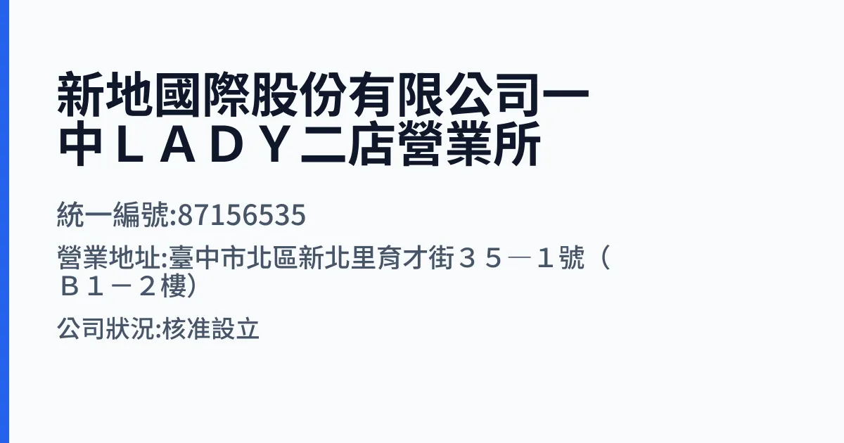 新地國際股份有限公司一中LADY二店營業所 - 統編 87156535(臺中市) 公司登記資料與營業項目詳細圖表