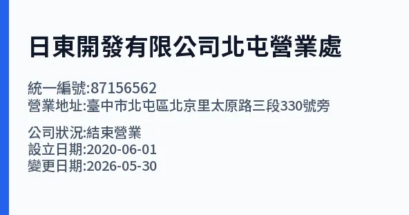 日東開發有限公司北屯營業處的照片-統編 87156562(臺中市) 公司登記資料與營業項目詳細圖表
