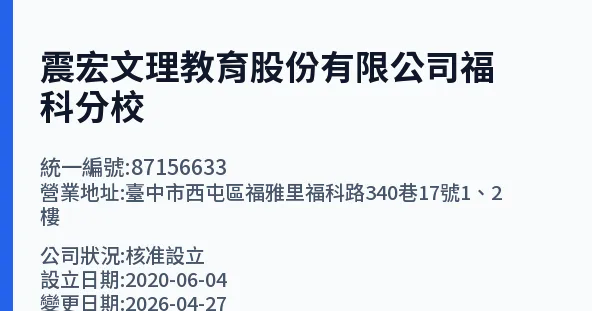 震宏文理教育股份有限公司福科分校的照片-統編 87156633(臺中市) 公司登記資料與營業項目詳細圖表
