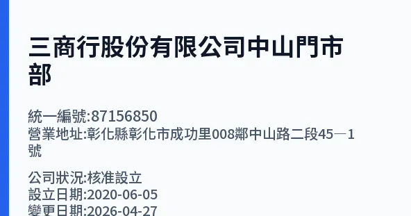 三商行股份有限公司中山門市部的照片-統編 87156850(彰化縣) 公司登記資料與營業項目詳細圖表