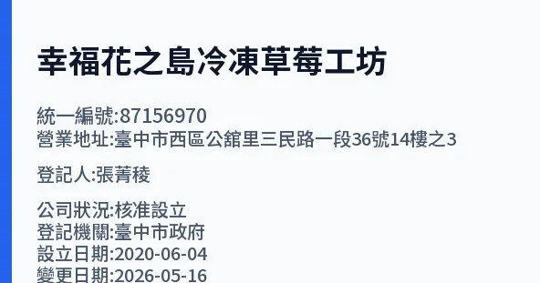 幸福花之島冷凍草莓工坊的照片-統編 87156970(臺中市) 公司登記資料與營業項目詳細圖表