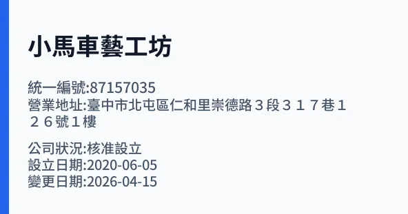 小馬車藝工坊 - 統編 87157035(臺中市) 公司登記資料與營業項目詳細圖表