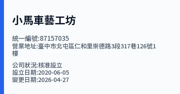 小馬車藝工坊的照片-統編 87157035(臺中市) 公司登記資料與營業項目詳細圖表