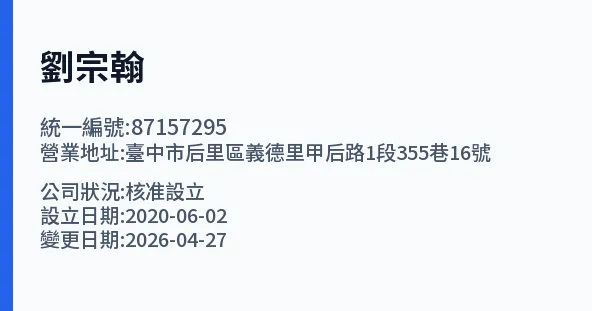 劉宗翰的照片-統編 87157295(臺中市) 公司登記資料與營業項目詳細圖表