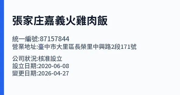 張家庄嘉義火雞肉飯的照片-統編 87157844(臺中市) 公司登記資料與營業項目詳細圖表