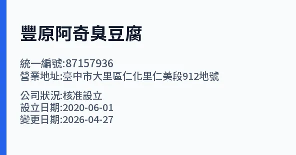 豐原阿奇臭豆腐的照片-統編 87157936(臺中市) 公司登記資料與營業項目詳細圖表