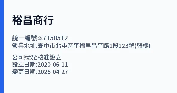 裕昌商行的照片-統編 87158512(臺中市) 公司登記資料與營業項目詳細圖表