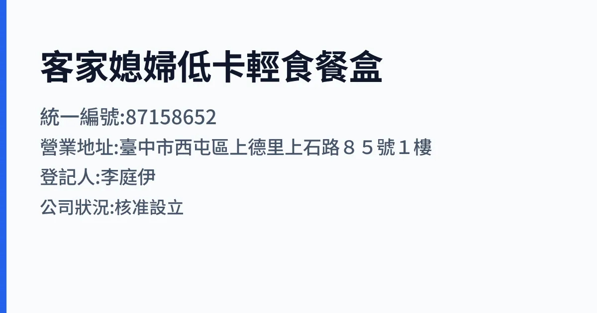 客家媳婦低卡輕食餐盒 - 統編 87158652(臺中市) 公司登記資料與營業項目詳細圖表
