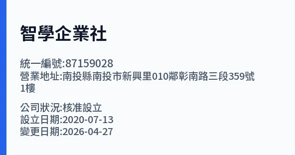 智學企業社的照片-統編 87159028(南投縣) 公司登記資料與營業項目詳細圖表
