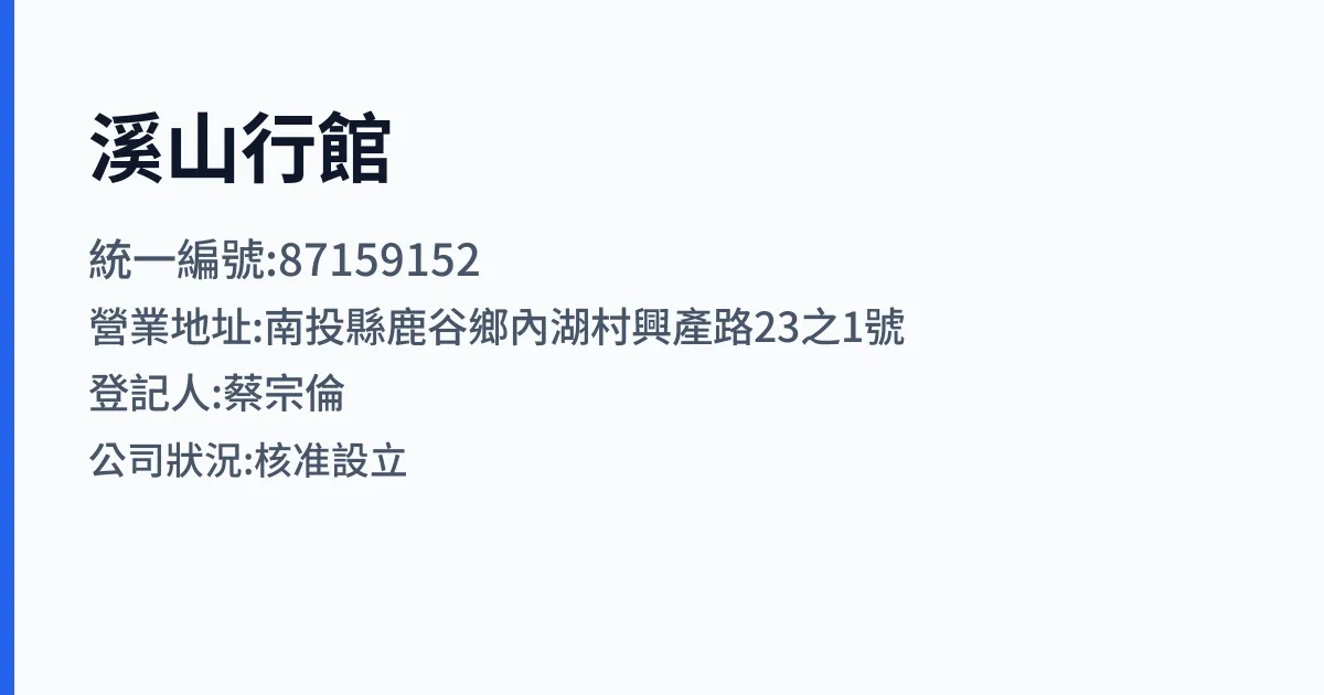 溪山行館 - 統編 87159152(南投縣) 公司登記資料與營業項目詳細圖表