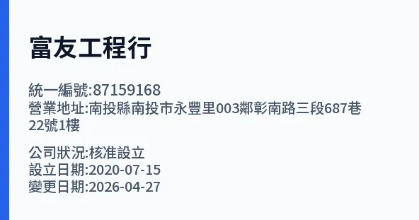 富友工程行的照片-統編 87159168(南投縣) 公司登記資料與營業項目詳細圖表