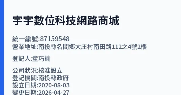 宇宇數位科技網路商城的照片-統編 87159548(南投縣) 公司登記資料與營業項目詳細圖表