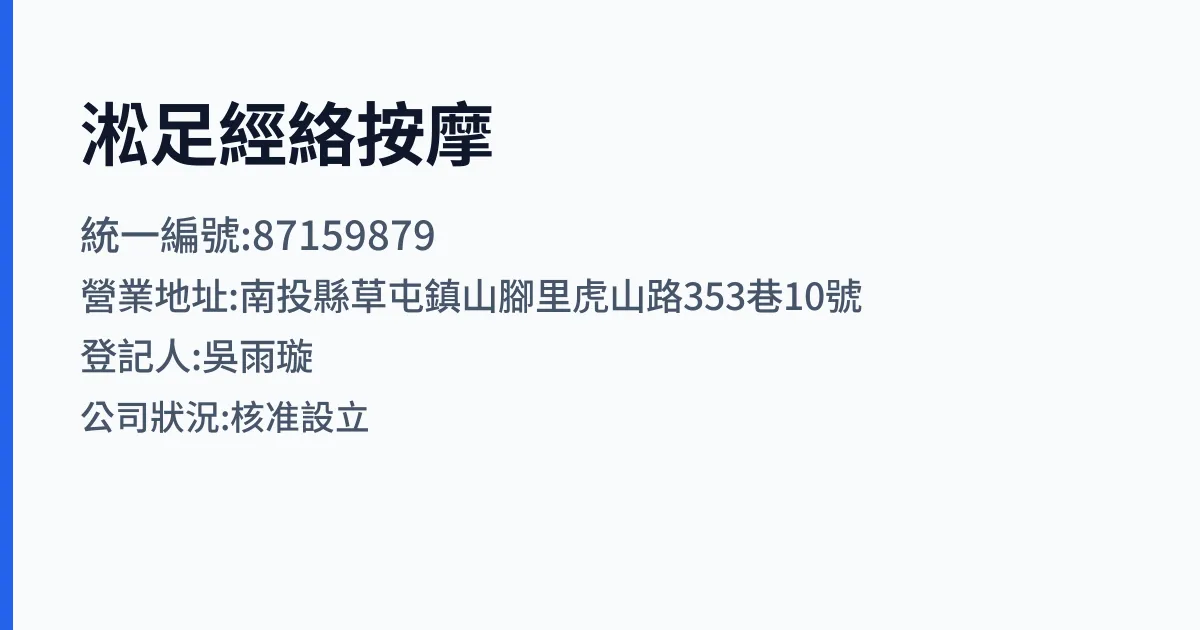 淞足經絡按摩 - 統編 87159879(南投縣) 公司登記資料與營業項目詳細圖表