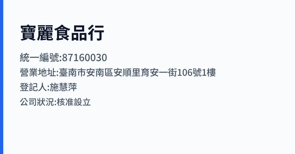 寶麗食品行 - 統編 87160030(臺南市) 公司登記資料與營業項目詳細圖表