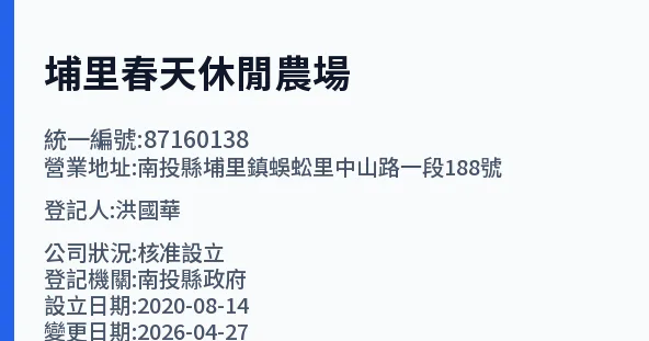 埔里春天休閒農場的照片-統編 87160138(南投縣) 公司登記資料與營業項目詳細圖表