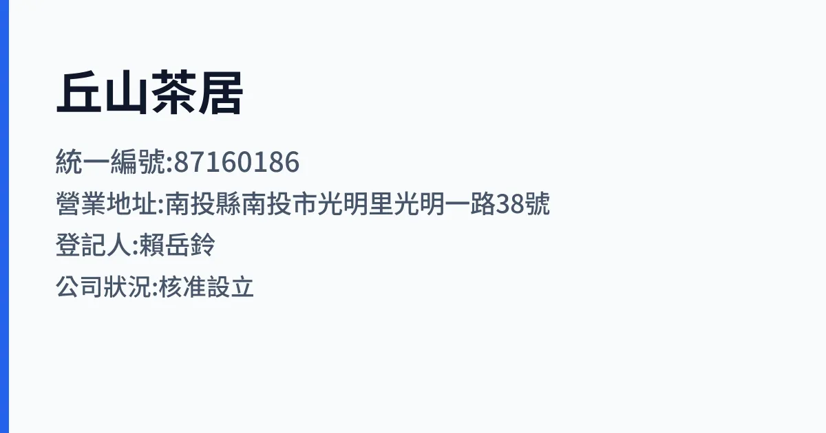 丘山茶居 - 統編 87160186(南投縣) 公司登記資料與營業項目詳細圖表