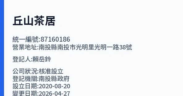 丘山茶居的照片-統編 87160186(南投縣) 公司登記資料與營業項目詳細圖表