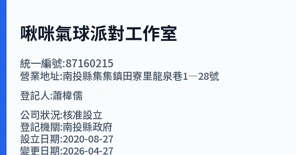 啾咪氣球派對工作室的照片-統編 87160215(南投縣) 公司登記資料與營業項目詳細圖表