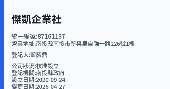 傑凱企業社的照片-統編 87161137(南投縣) 公司登記資料與營業項目詳細圖表