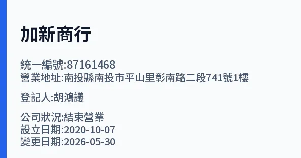加新商行的照片-統編 87161468(南投縣) 公司登記資料與營業項目詳細圖表
