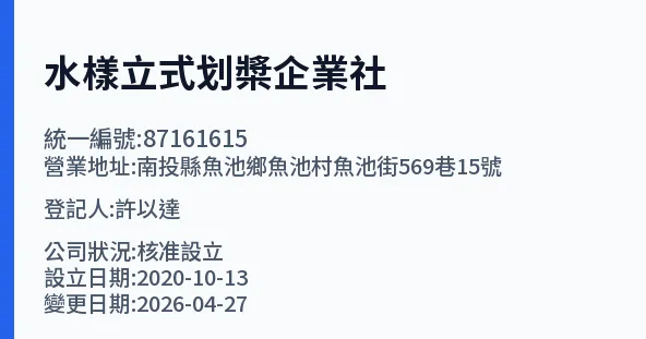 水樣立式划槳企業社的照片-統編 87161615(南投縣) 公司登記資料與營業項目詳細圖表