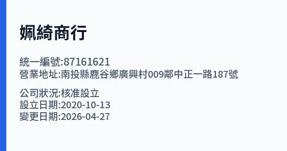姵綺商行的照片-統編 87161621(南投縣) 公司登記資料與營業項目詳細圖表