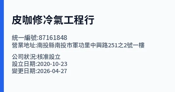 皮咖修冷氣工程行的照片-統編 87161848(南投縣) 公司登記資料與營業項目詳細圖表