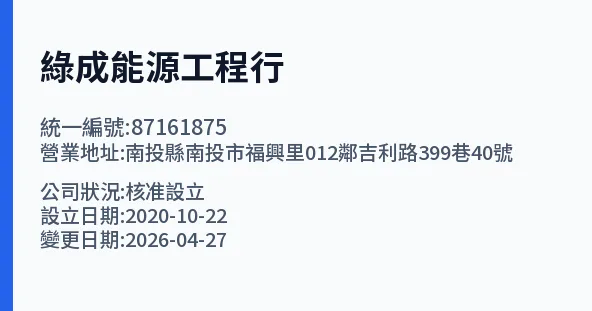 綠成能源工程行的照片-統編 87161875(南投縣) 公司登記資料與營業項目詳細圖表