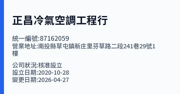 正昌冷氣空調工程行的照片-統編 87162059(南投縣) 公司登記資料與營業項目詳細圖表