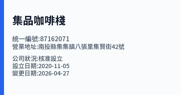 集品咖啡棧的照片-統編 87162071(南投縣) 公司登記資料與營業項目詳細圖表