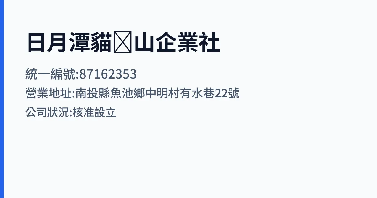 日月潭貓囒山企業社 - 統編 87162353(南投縣) 公司登記資料與營業項目詳細圖表
