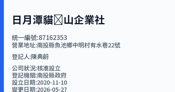 日月潭貓囒山企業社的照片-統編 87162353(南投縣) 公司登記資料與營業項目詳細圖表